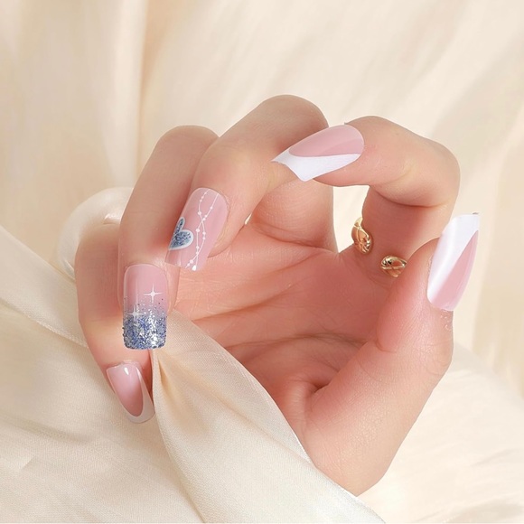 Accessories | Press On Nails Square Coffin Fake Nails Pink With Blue ...